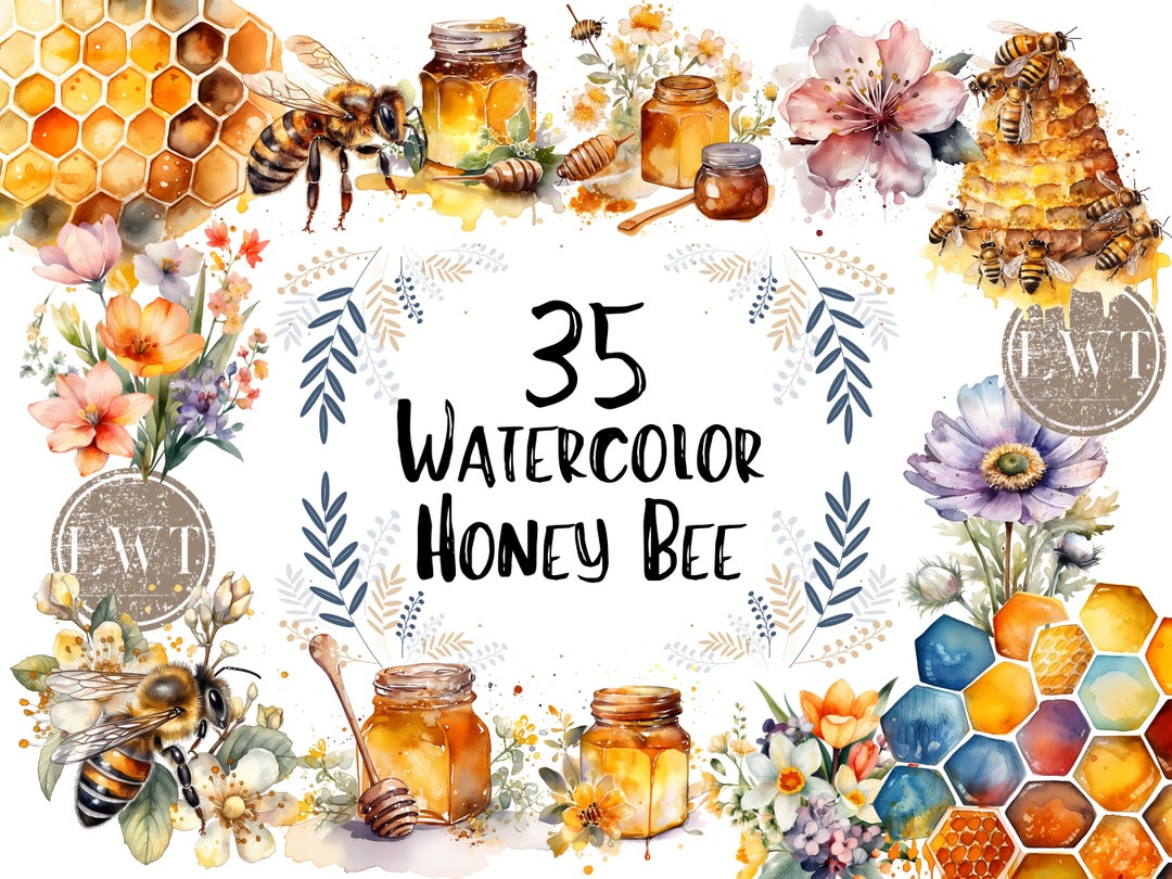 Watercolor Honey Bee Clipart, Spring Garden Bee and Honey Jar, Beehive ...