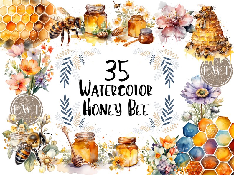 Watercolor Honey Bee Clipart, Spring Garden Bee and Honey Jar, Beehive ...