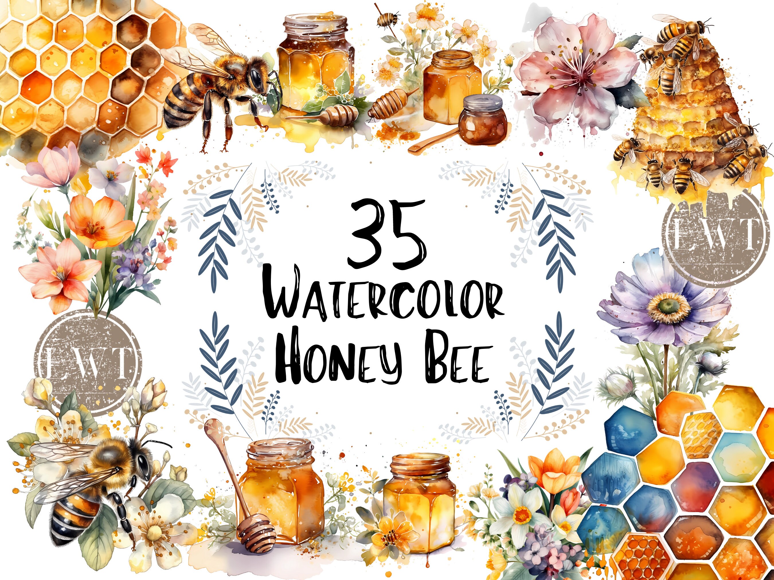 Watercolor Honey Bee Clipart, Spring Garden Bee and Honey Jar, Beehive ...