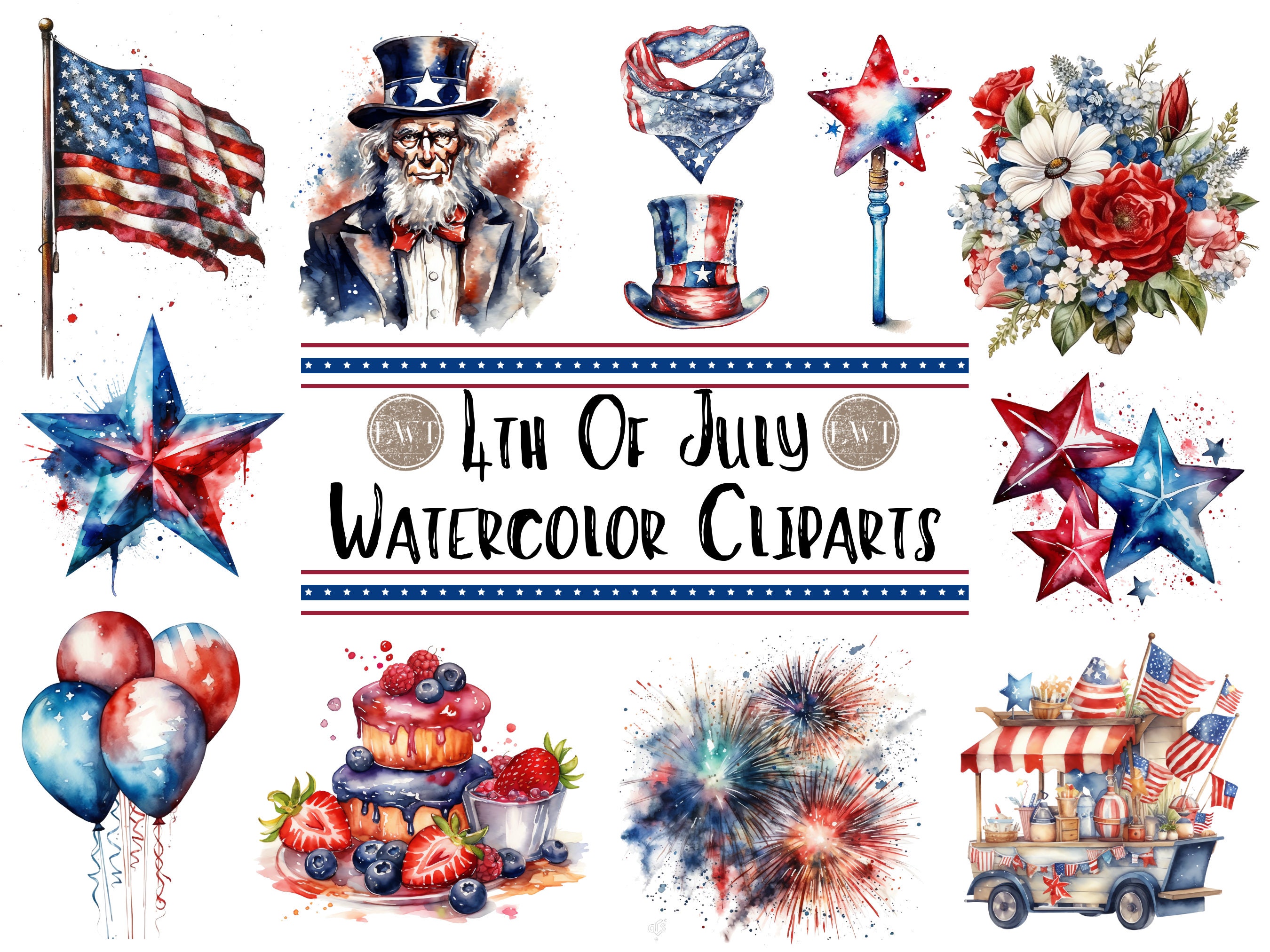 Fourth of July Watercolor Cliparts 4th of July Watercolor Clipart ...