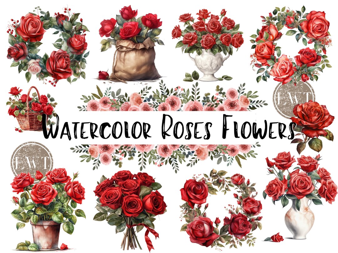 Watercolor Red Roses Clipart, Roses Floral Bouquets, Wreath Watercolor ...