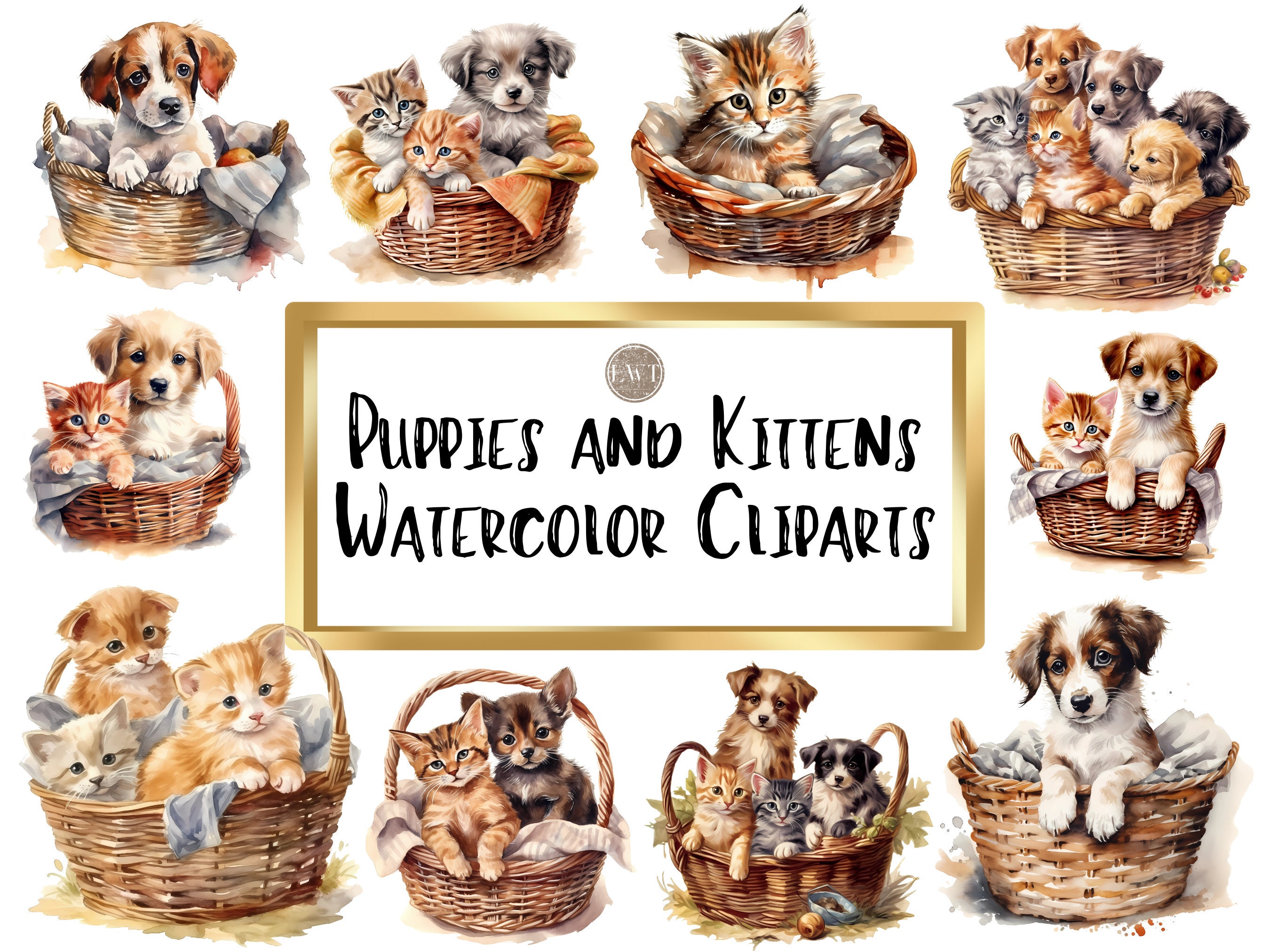Cute Puppies and Kittens Watercolor Clipart Cute Puppy Stickers Nursery ...