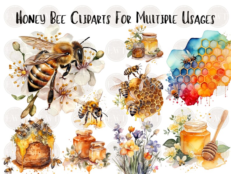 Watercolor Honey Bee Clipart, Spring Garden Bee and Honey Jar, Beehive ...