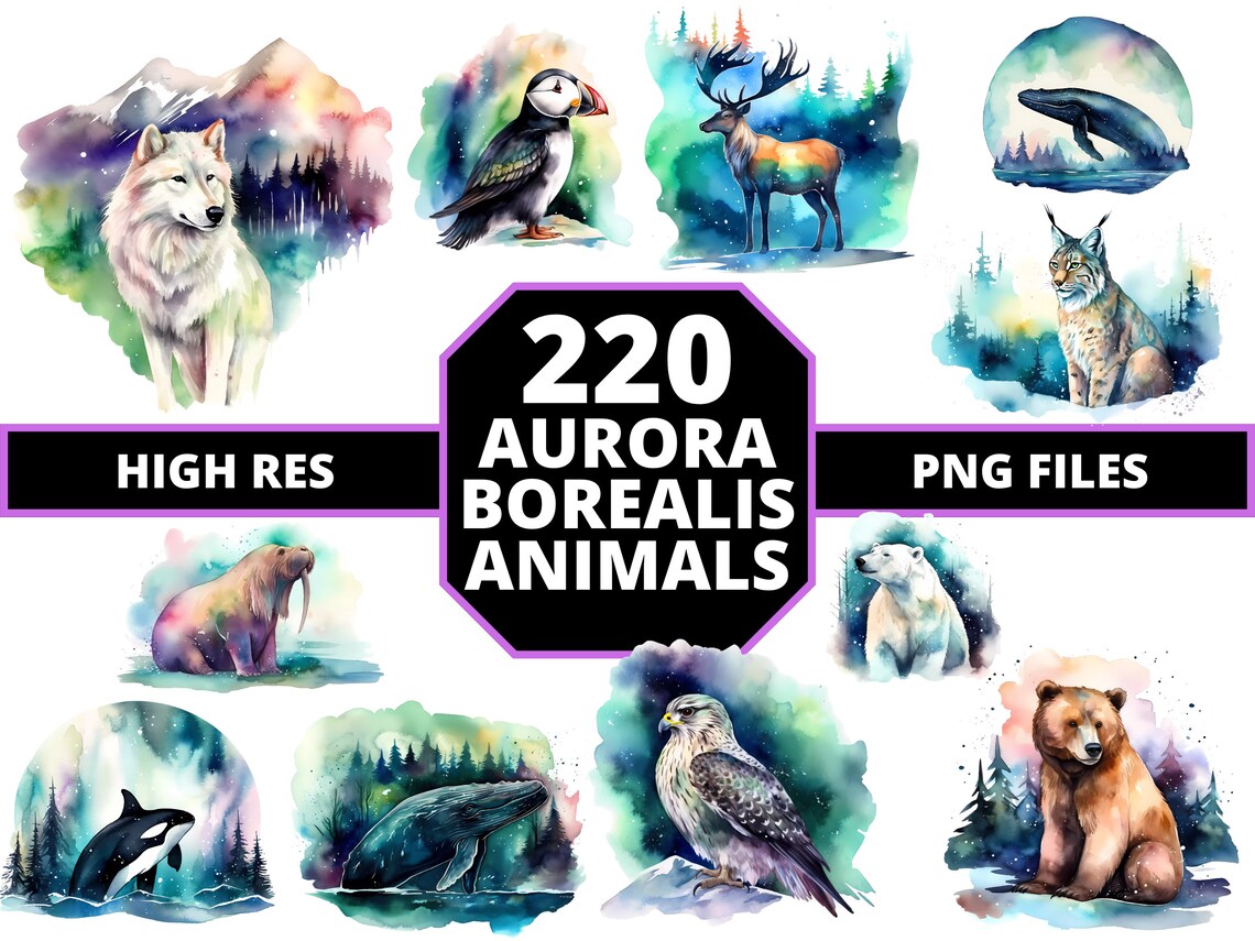Aurora Borealis Watercolor Animals Clipart Baby Shower Nursery Art Wall ...