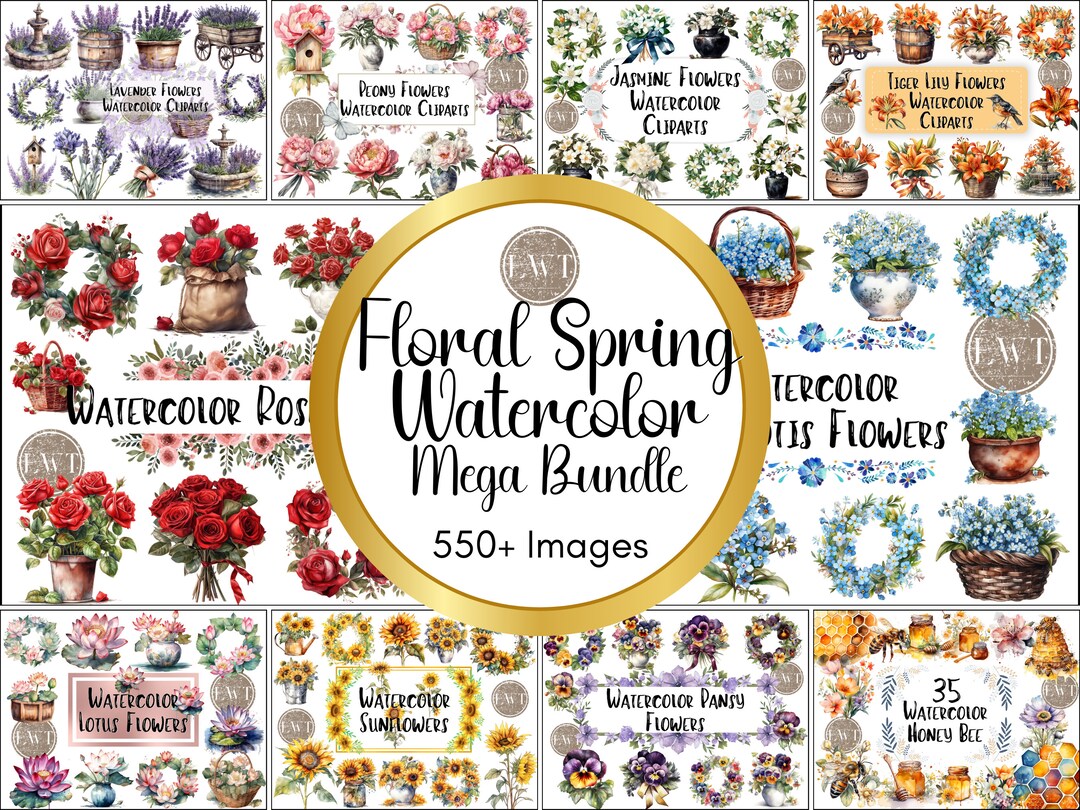Watercolor Mega Bundle Flowers Clipart, Floral Bouquets, Wreath ...