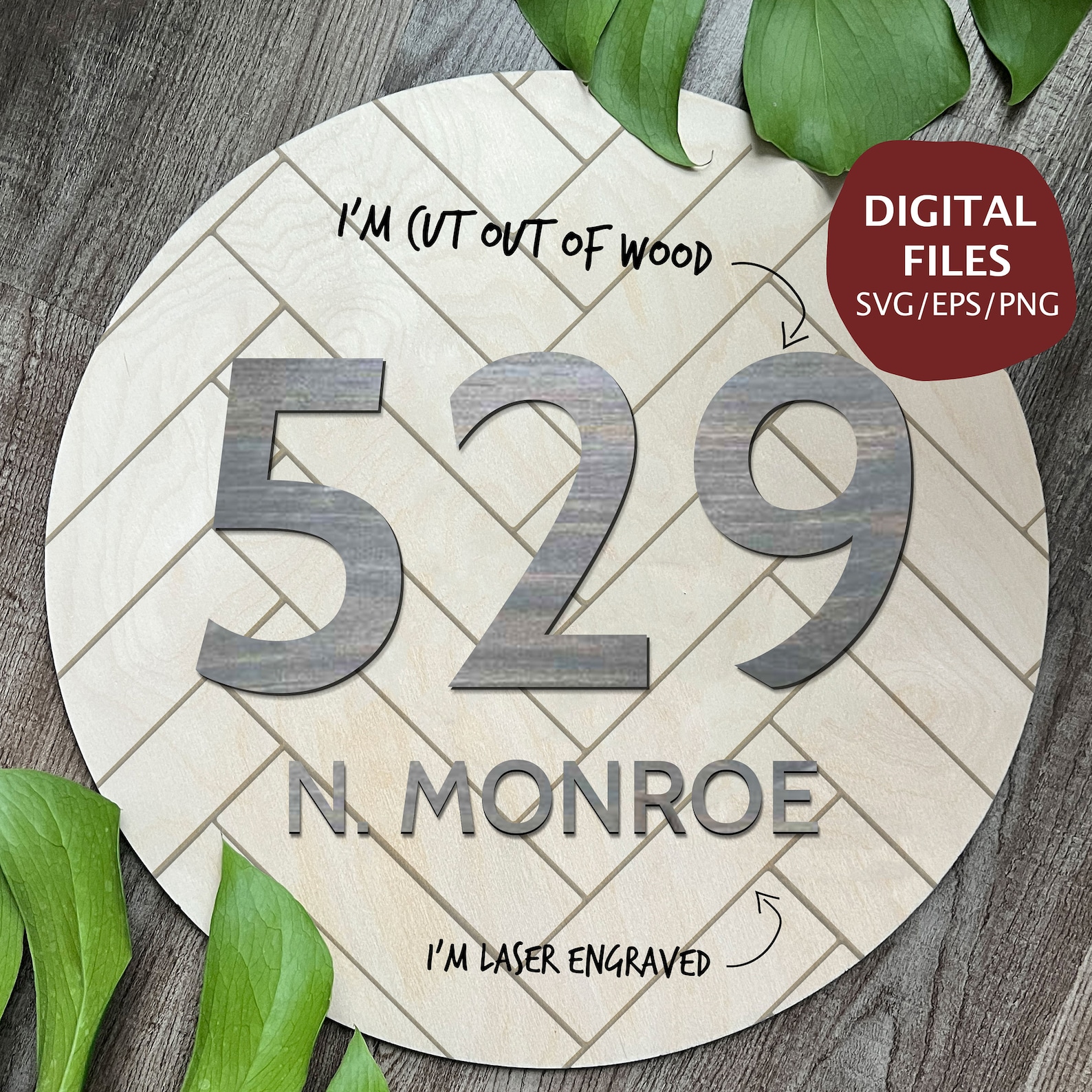 Round Wooden Address Sign SVG, Laser Cut File, Herringbone Round Wood ...
