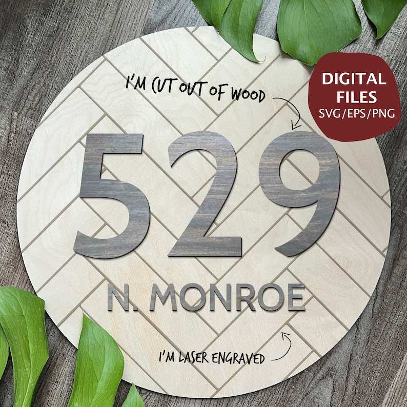 Round Wooden Address Sign SVG, Laser Cut File, Herringbone Round Wood ...
