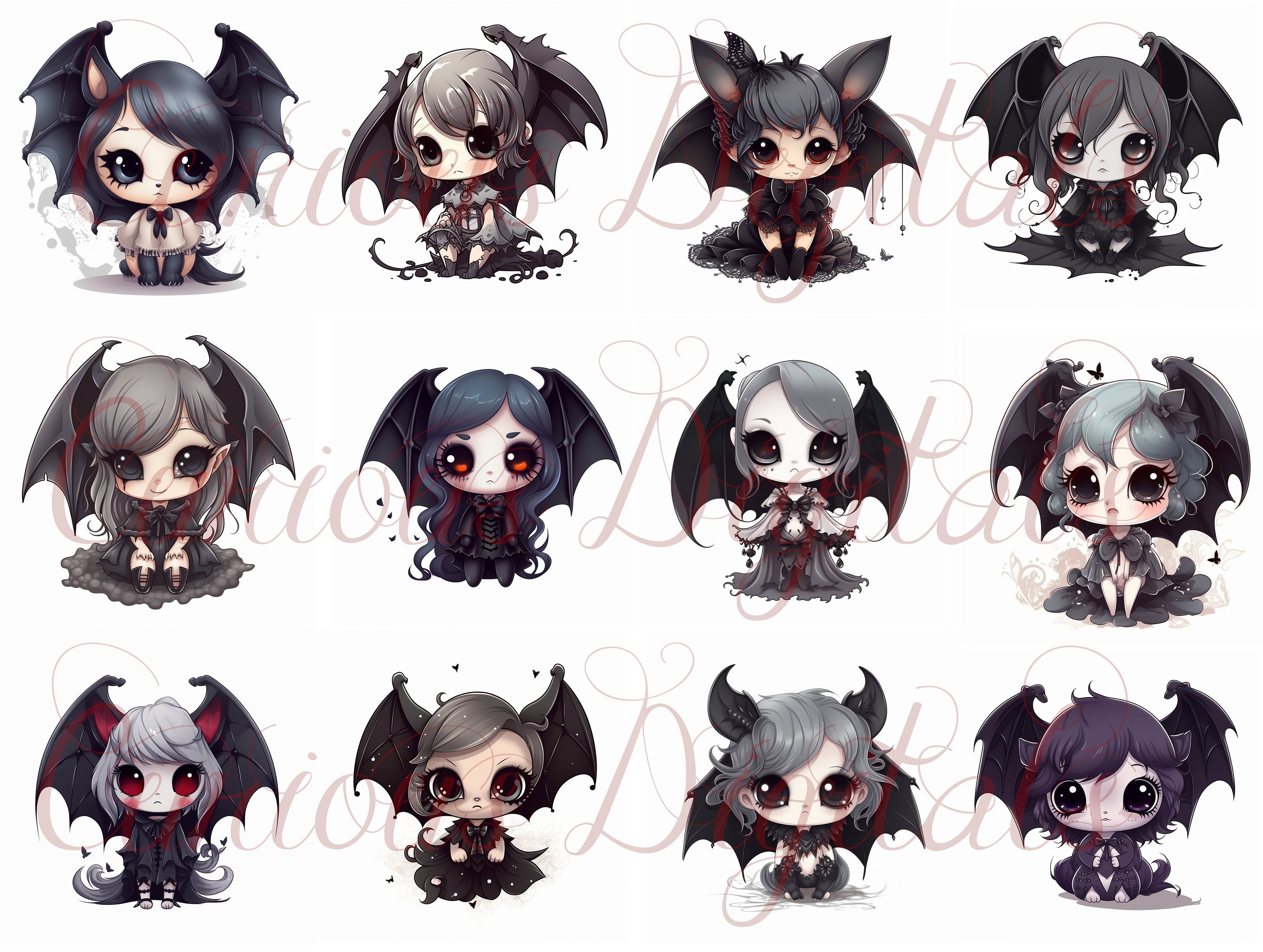 Chibi Bat Girls - Gothic Art - Clip Art - Digital Art Download - Stock ...