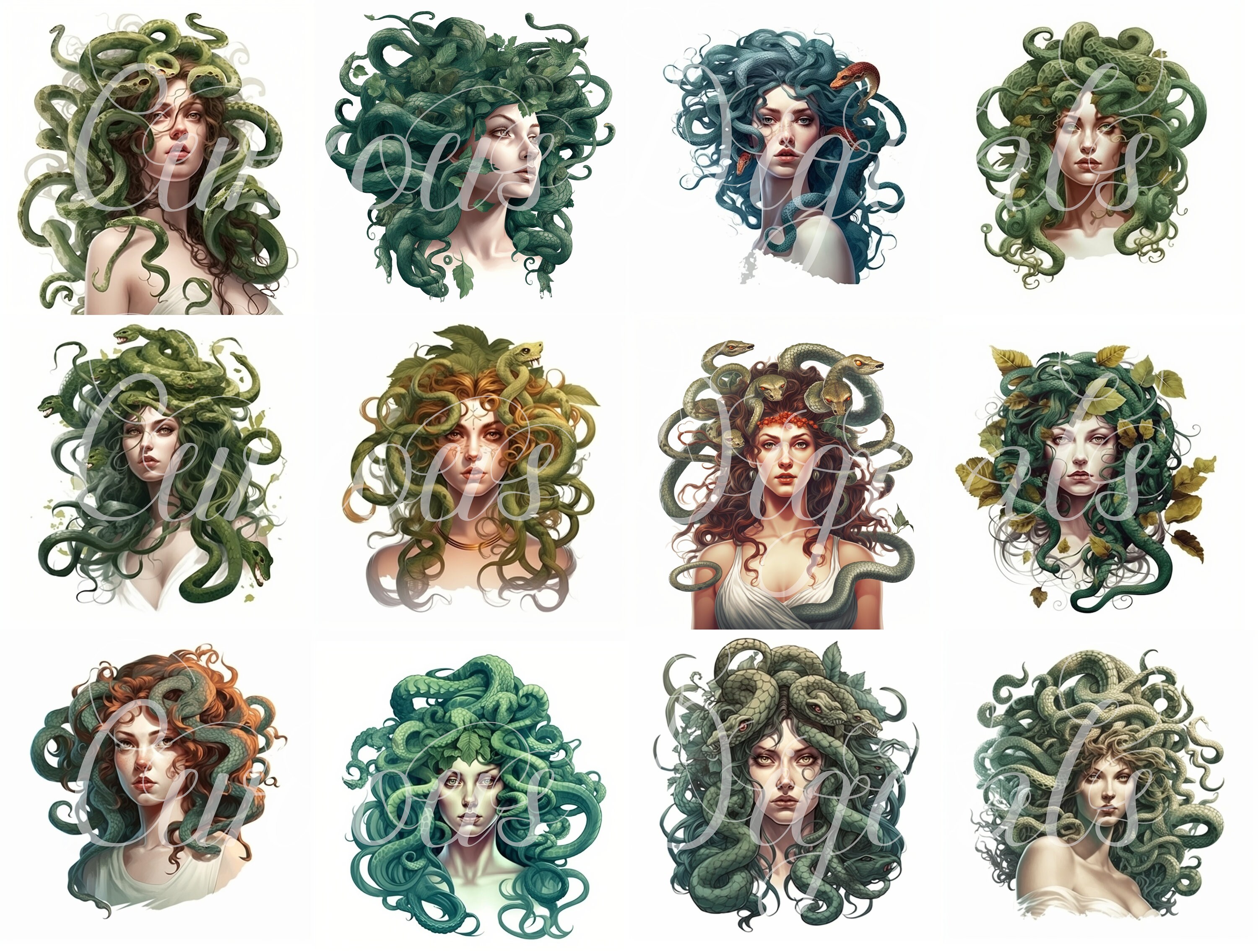 Medusa Art Set 2 - Greek Mythology - Fantasy - Clip Art - Digital Art ...