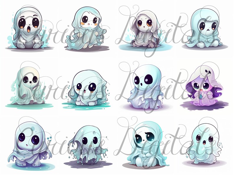 Cute Chibi Ghosts - Gothic Art - Halloween Spooks - Clip Art - Digital ...