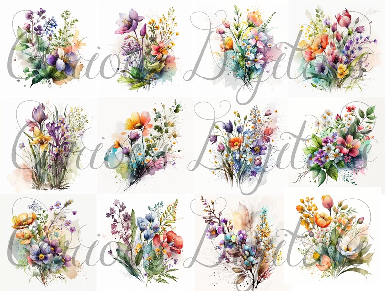 Spring Flowers - Watercolor Style - Clip Art - Digital Art Download ...