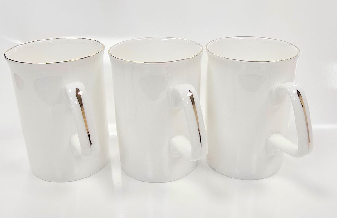 China White Gold Trim Band Coffee Cup Mugs Set of 3 Fine Bone - Etsy