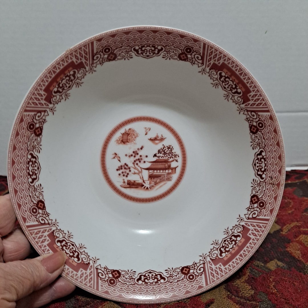 Vintage Emerald Chinese Garden Red / White Porcelain Large Serving Bowl ...