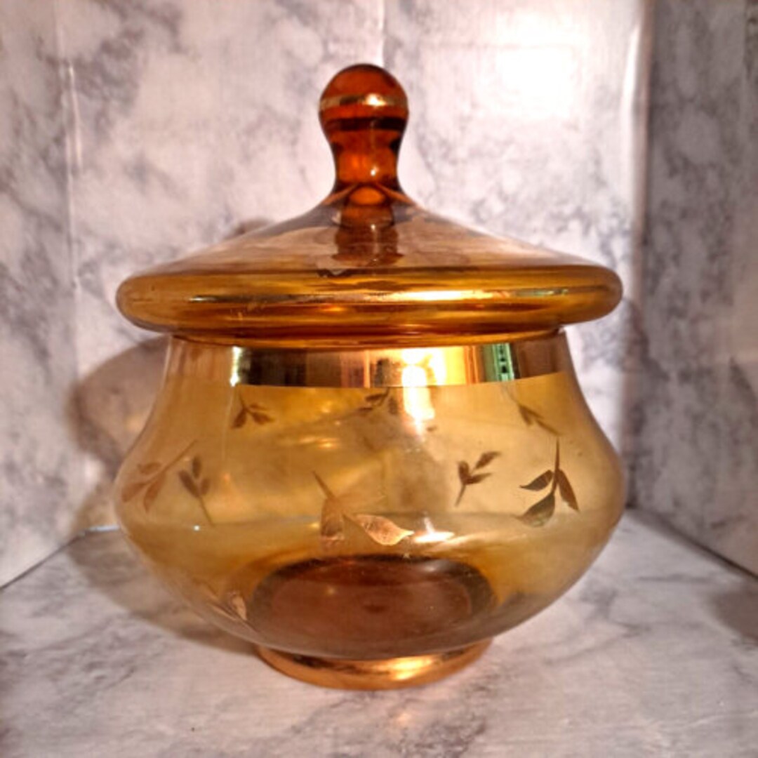 RARE Vintage Mid Century Romanian Amber Gold Paint Leaves Glass ...