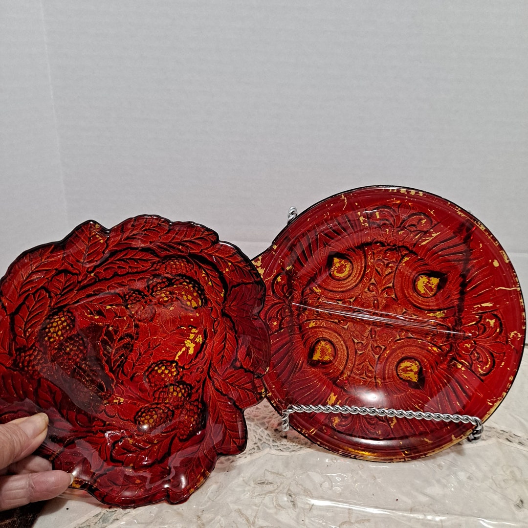 Vintage Pair of 2 Red Pressed Glass Raised Design Relish Plate Snack ...