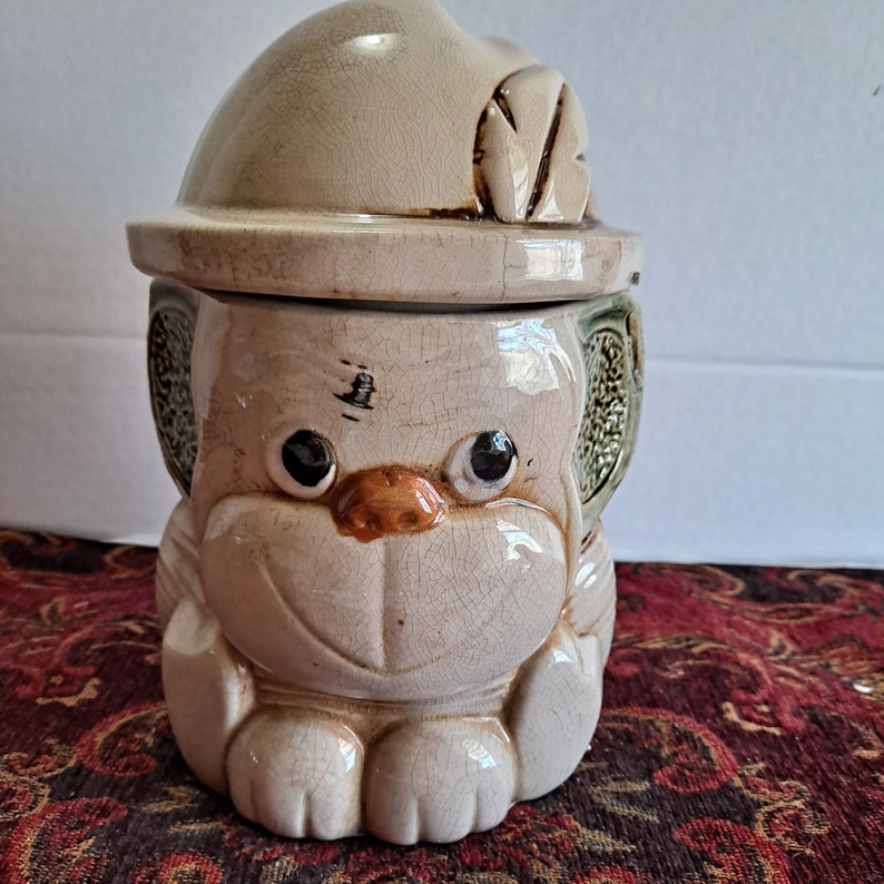 Vintage Thick Heavy Small Monkey Cookie Jar With Feather in Cap 1960 - Etsy