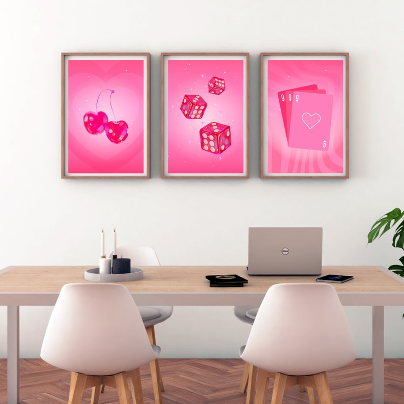 Hot Pink Retro Wall Art Set of 3, Digital Download Trendy Pink ...