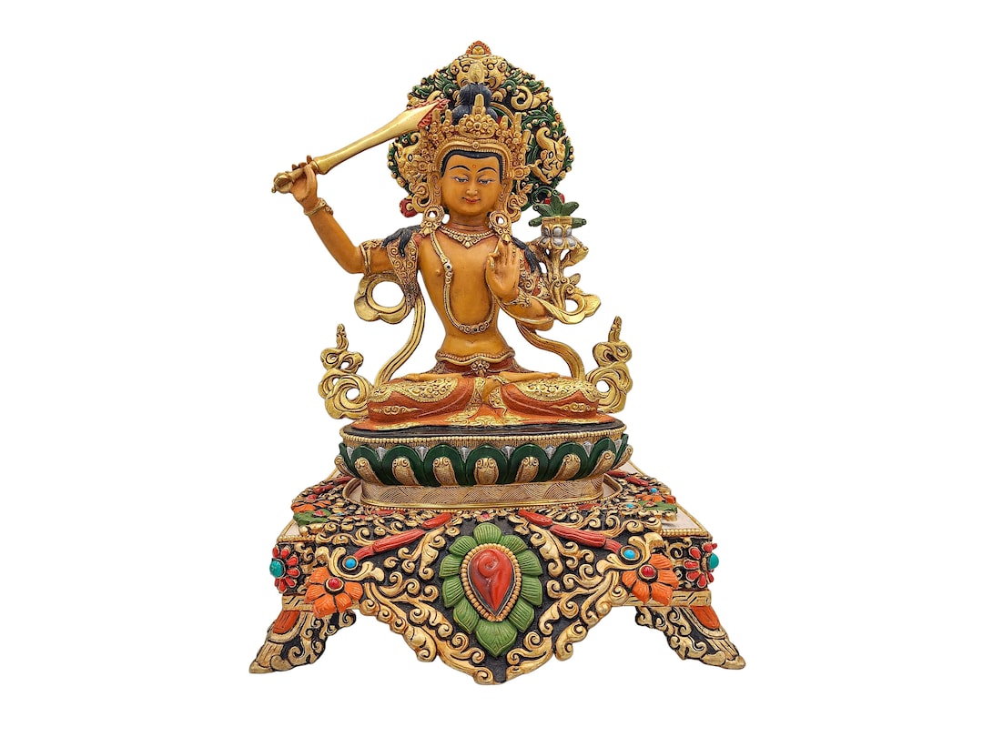 12 Inch, Manjushri, Buddhist Handmade Statue With Stand, Partly Gold ...