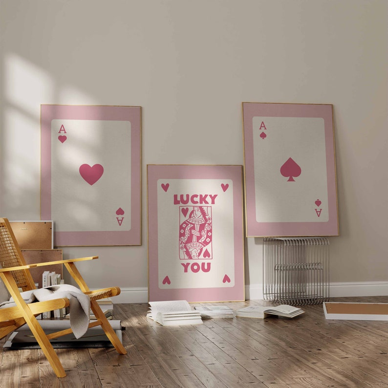 Lucky Queen Pink Poster Trio Retro Print Queen of Hearts Lucky You ...