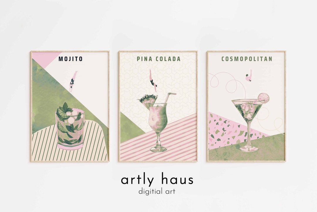 Cocktail Dive Poster Trio Mojito, Pina Colada, Cosmopolitan Pastel Pink ...