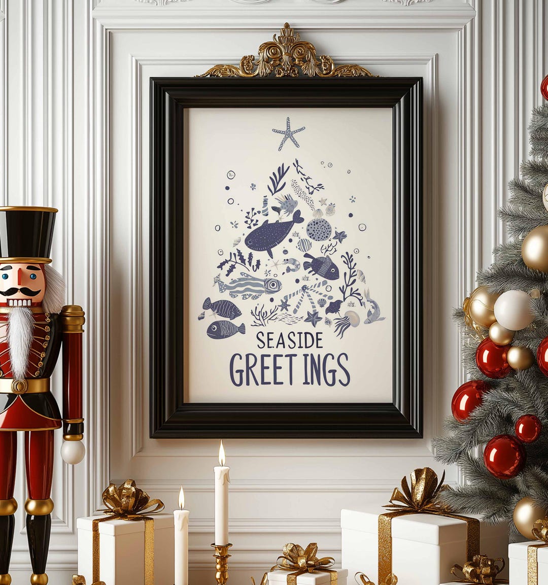 Coastal Christmas Tree Poster Tropical Holiday Decor Seaside Xmas Wall ...