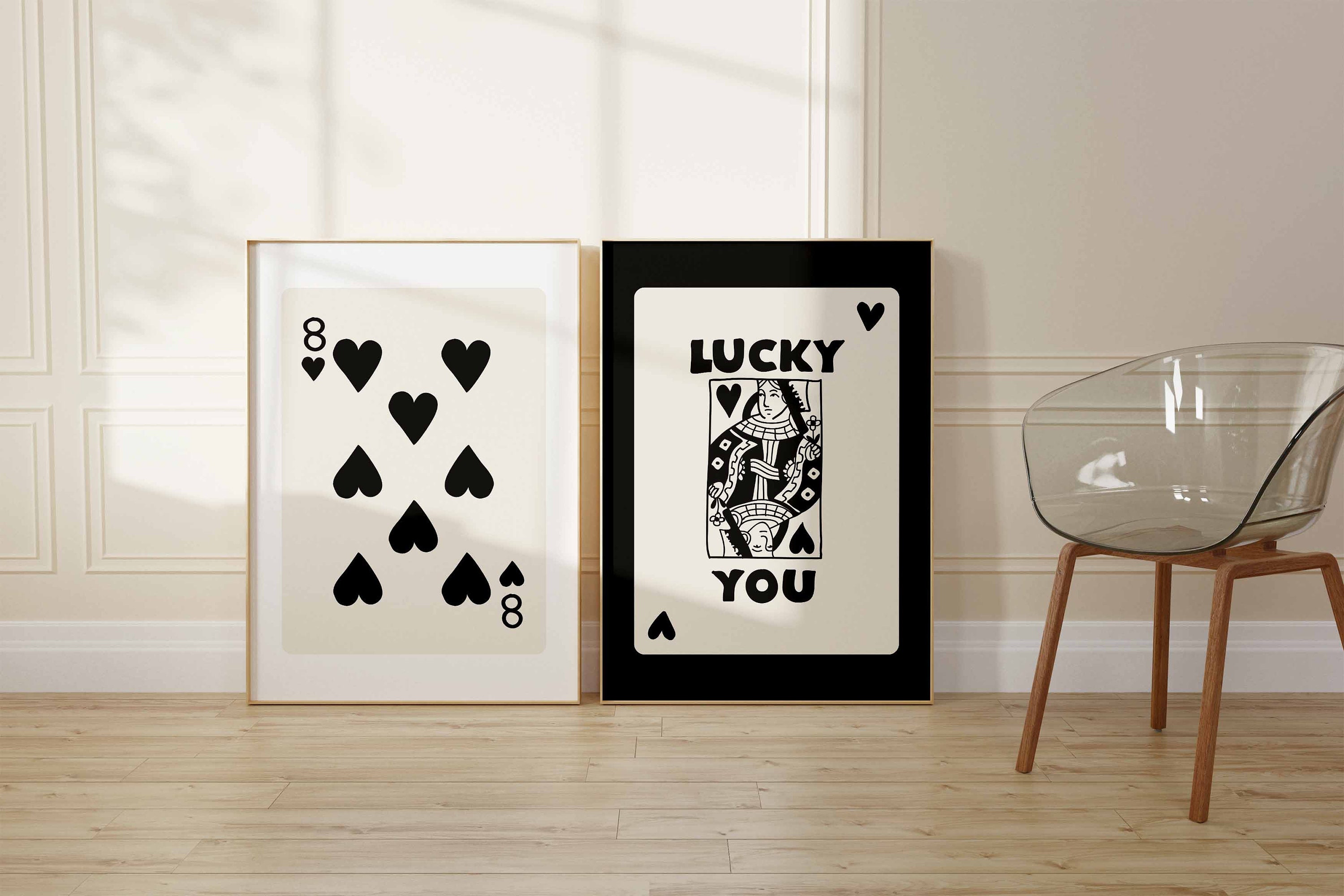Lucky Cards Poster Set Retro Print Queen of Hearts Lucky You Poster ...