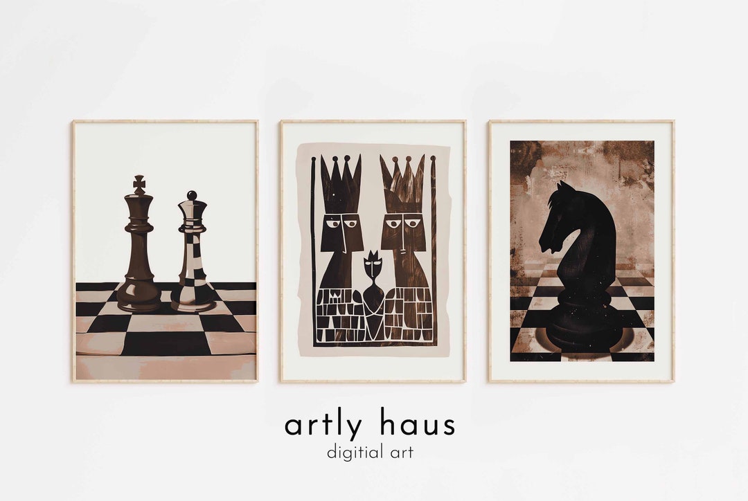 Chess Game Poster Trio Checkmate Printable Chess Lovers Art Gift Game ...