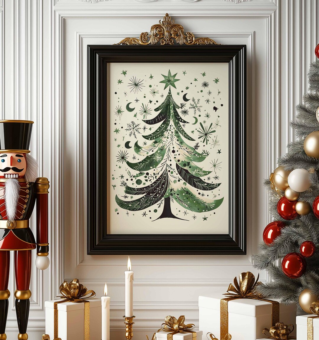 Christmas Tree Poster Gold and Blue Holiday Ornament Art Classy Winter ...