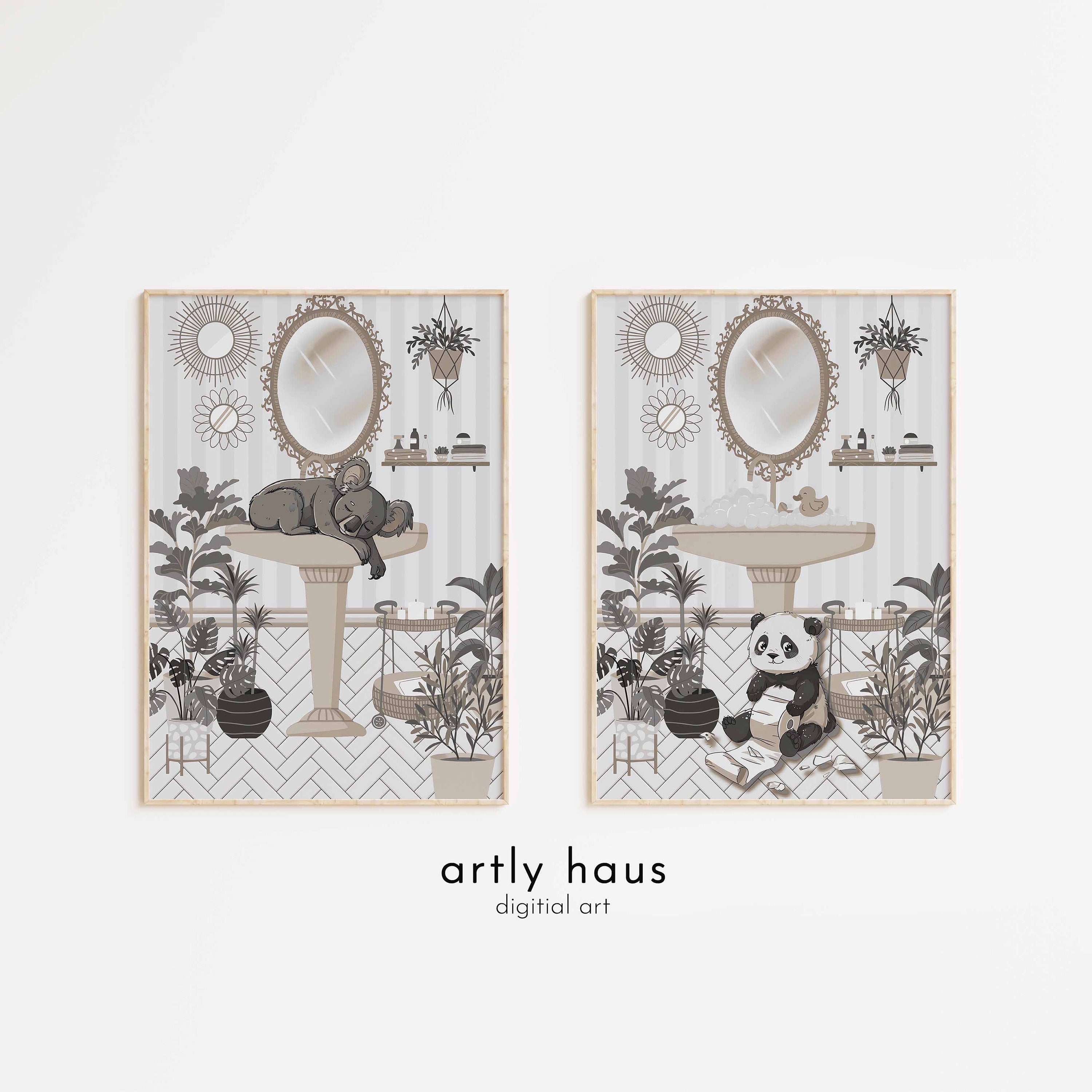 Furry Bathroom Adventure Poster Duo Koala Sleeping & Baby Panda on ...