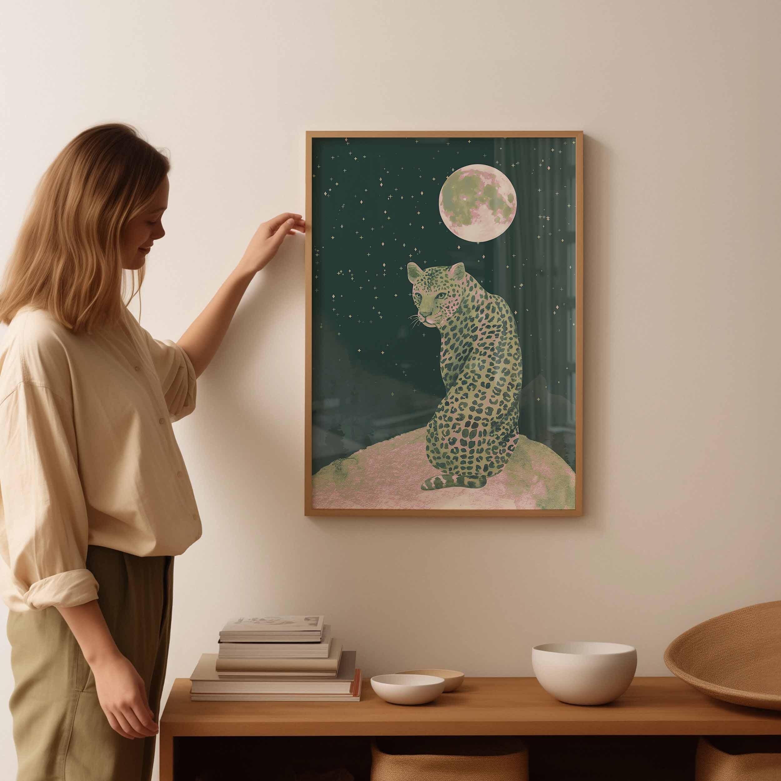 Leopards of the Lunar Forest Poster Solo Leopard With Full Moon Pastel ...