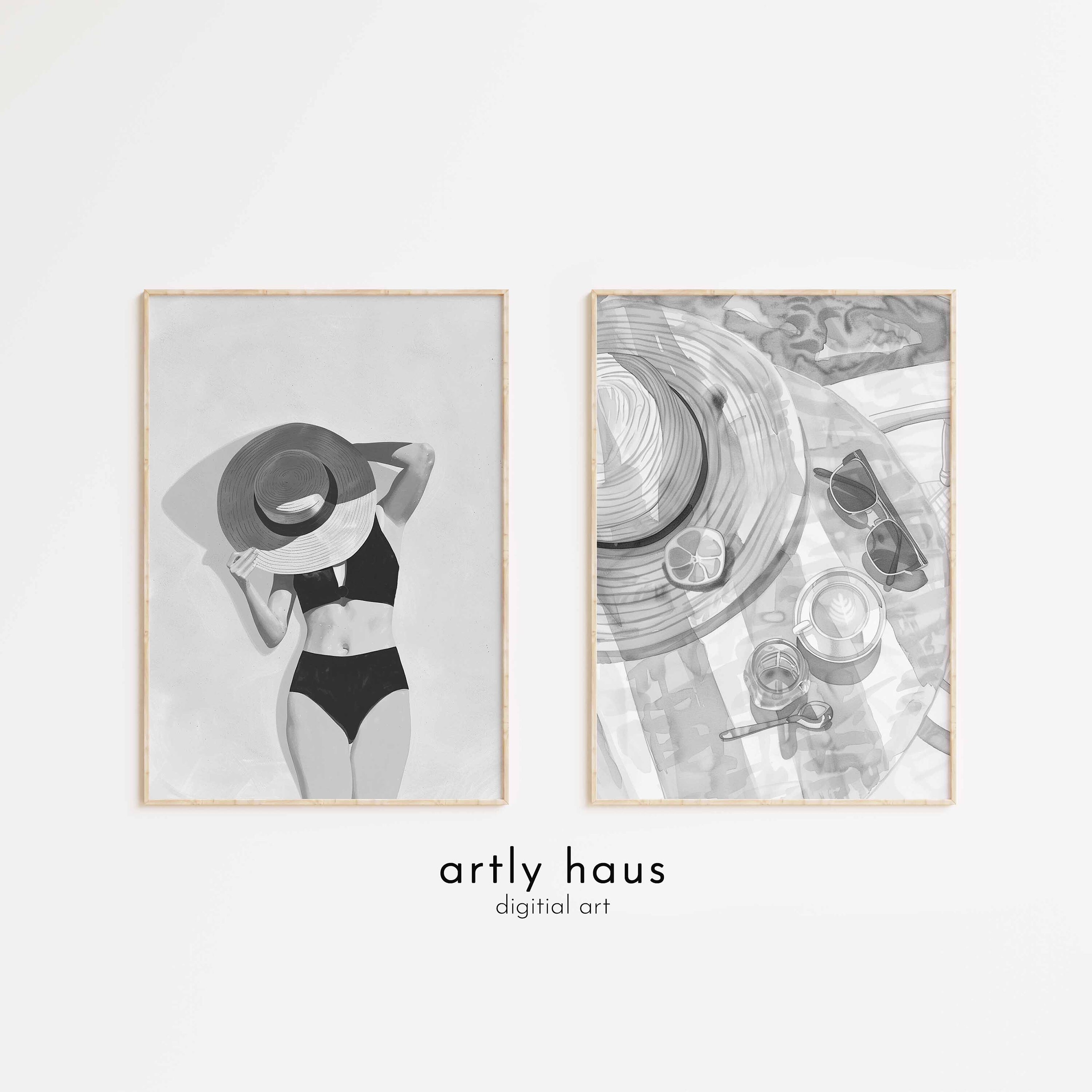 A Woman Sunbathing Poster Duo Black and White Retro Art Minimalistic ...