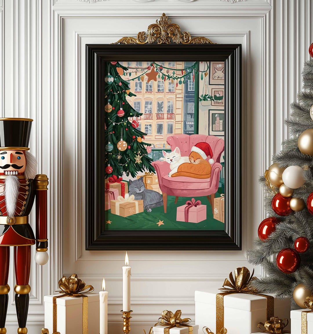 Retro Christmas Cats Print Xmas Poster for Kids' Room Holiday Wall ...