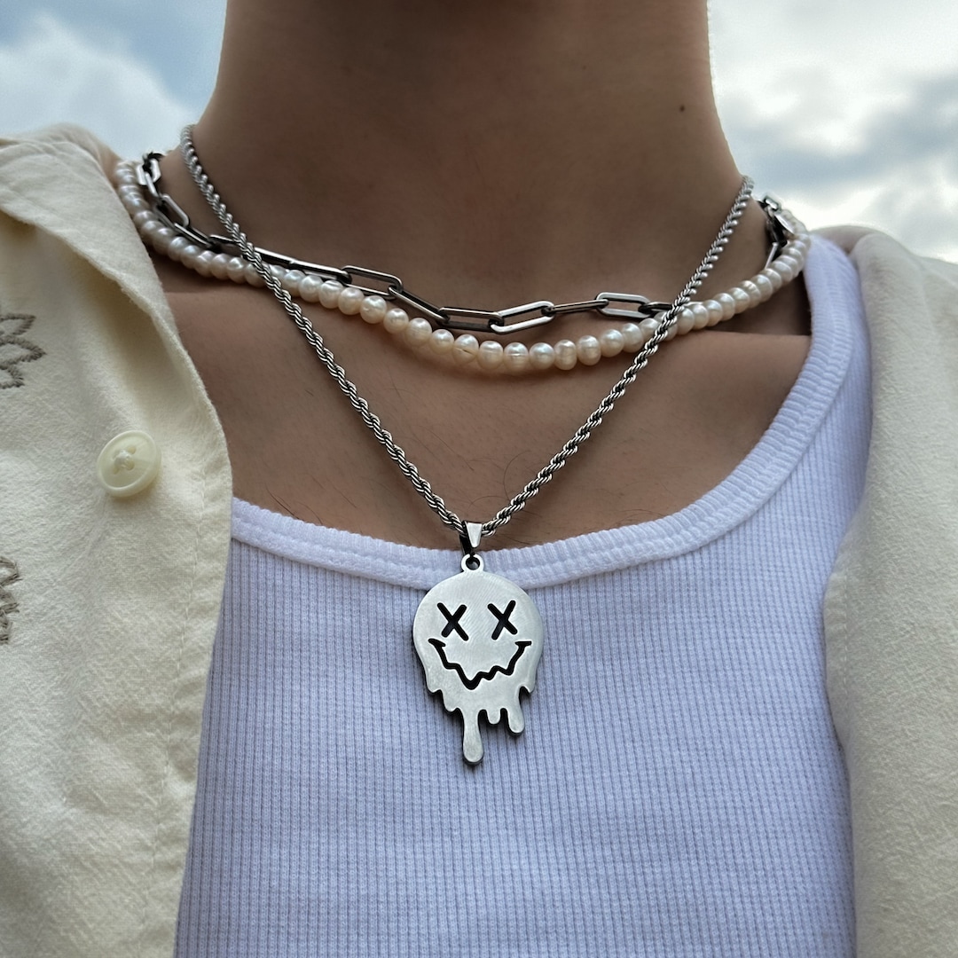 Melting Smiley Chain Silver 3mm Twisted Rope Necklace Drippy Smiley ...