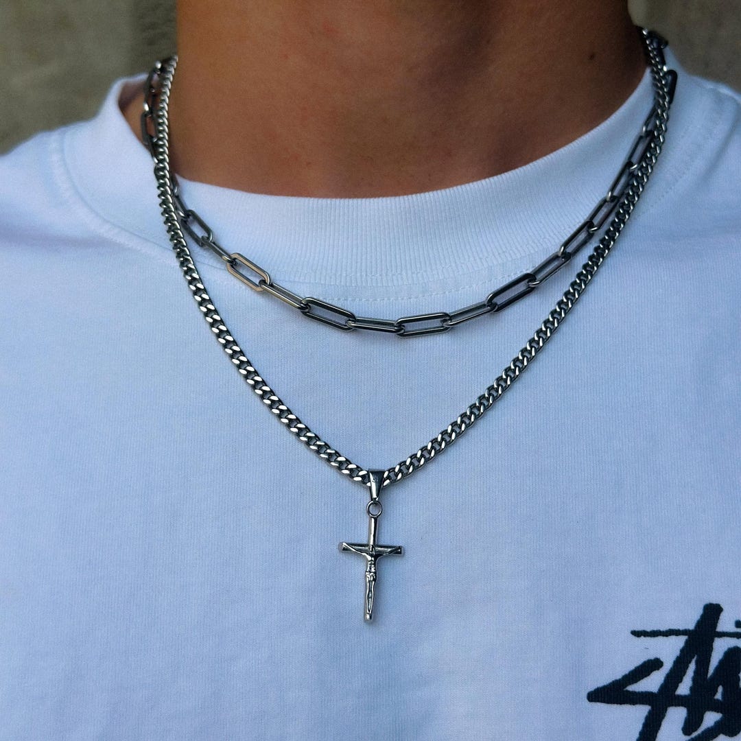 Jesus Cross Chain Silver | 4mm Cuban Link Necklace | Crucifix Pendant ...