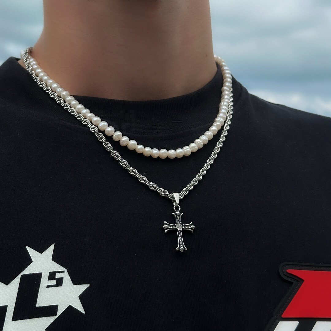 Y2K Diamond Cross Chain Silver 4 Mm Twisted Rope Necklace Men Shiny ...