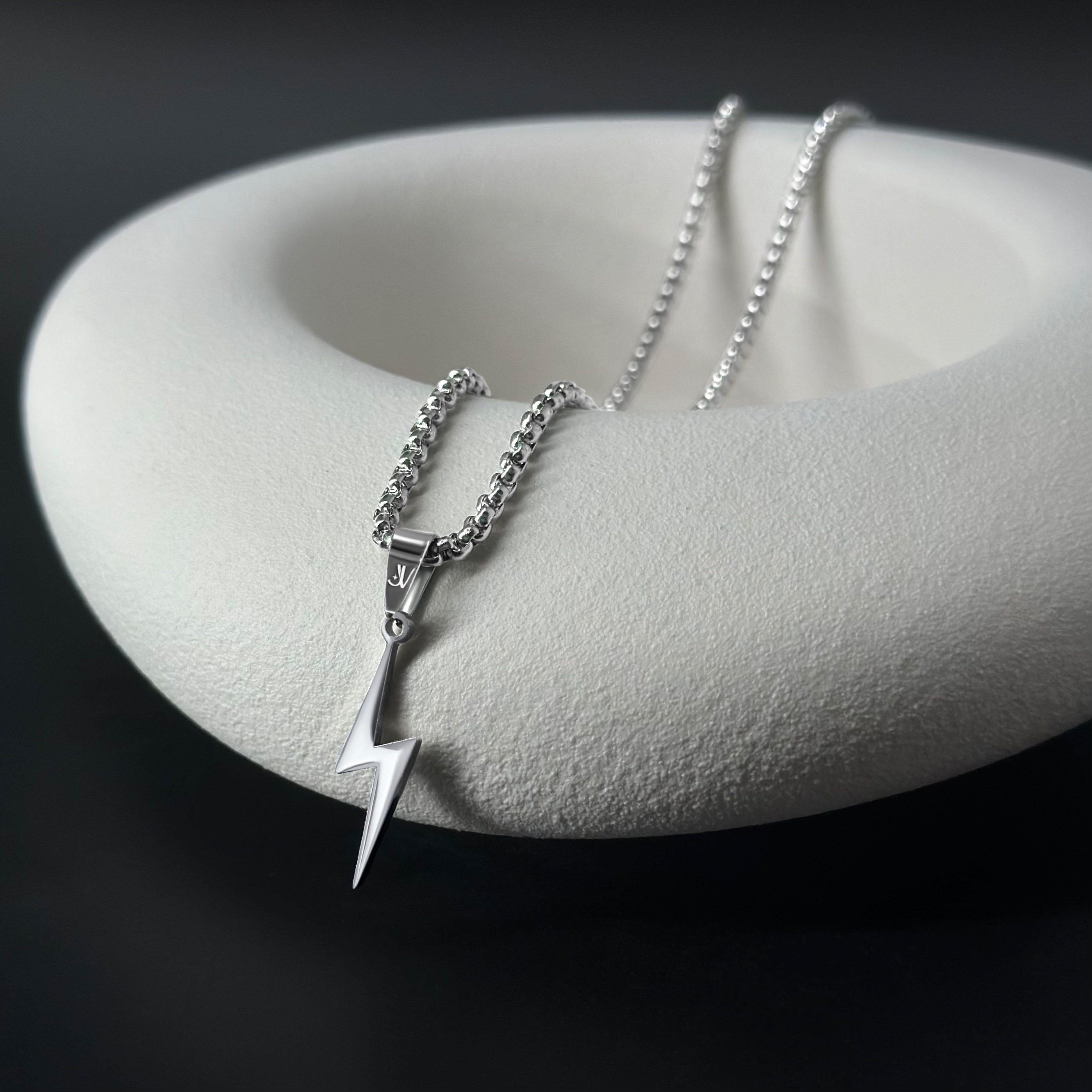 Silver Lightning Necklace 2.5mm Box Chain Men Thunderbolt Flash Chain ...