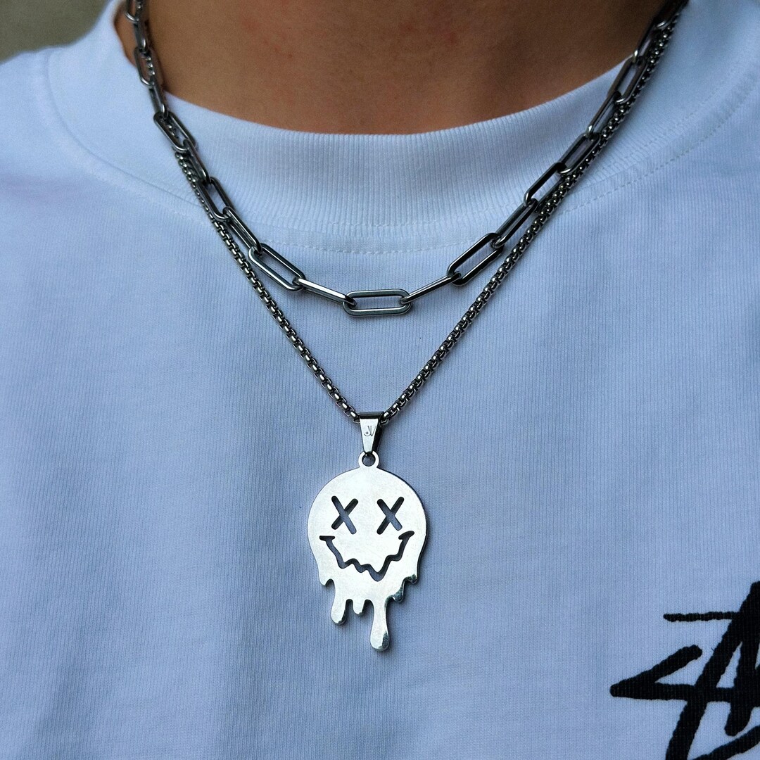 Melting Smiley Chain Silver | 2.5mm Box Necklace | Drippy Smiley ...