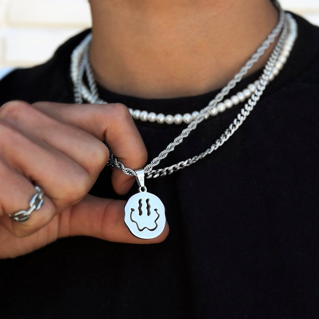 Smiley Rope Chain Silver 4 Mm Twisted Rope Necklace Men Smiley Pendant ...