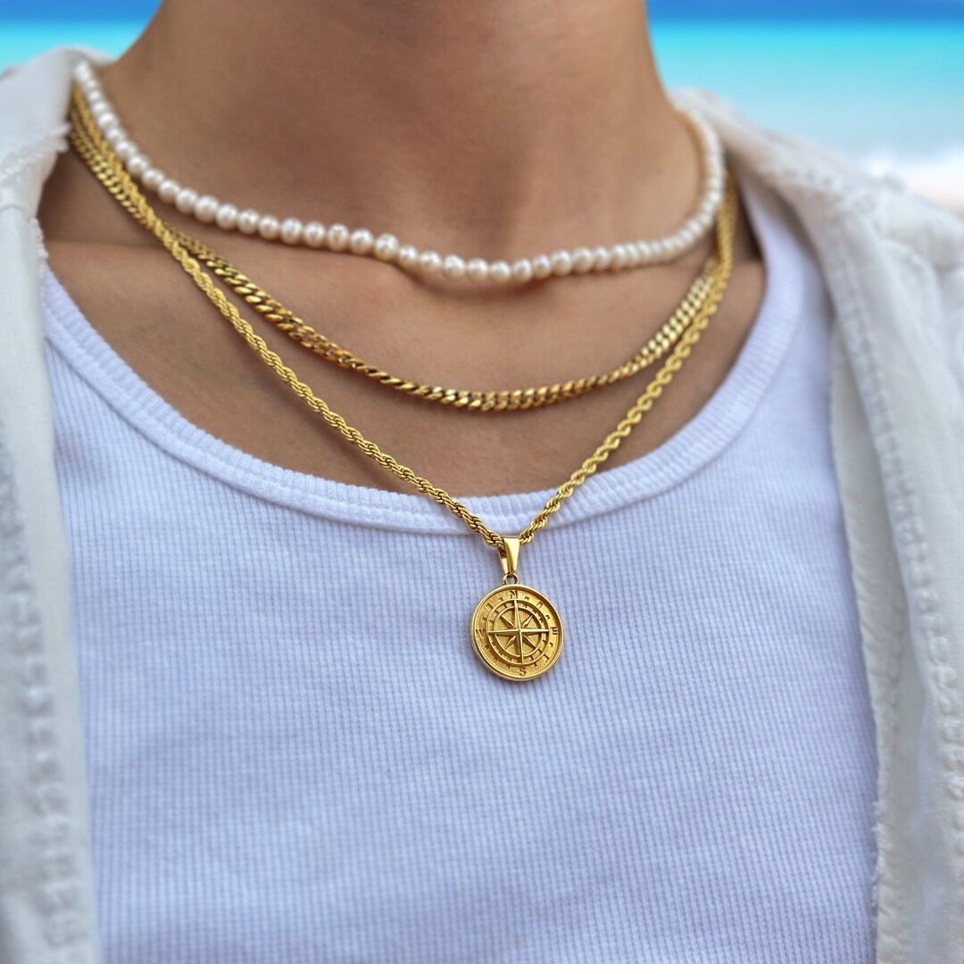 Compass Chain Gold | 3mm Twisted Rope Necklace | North Star Pendant ...