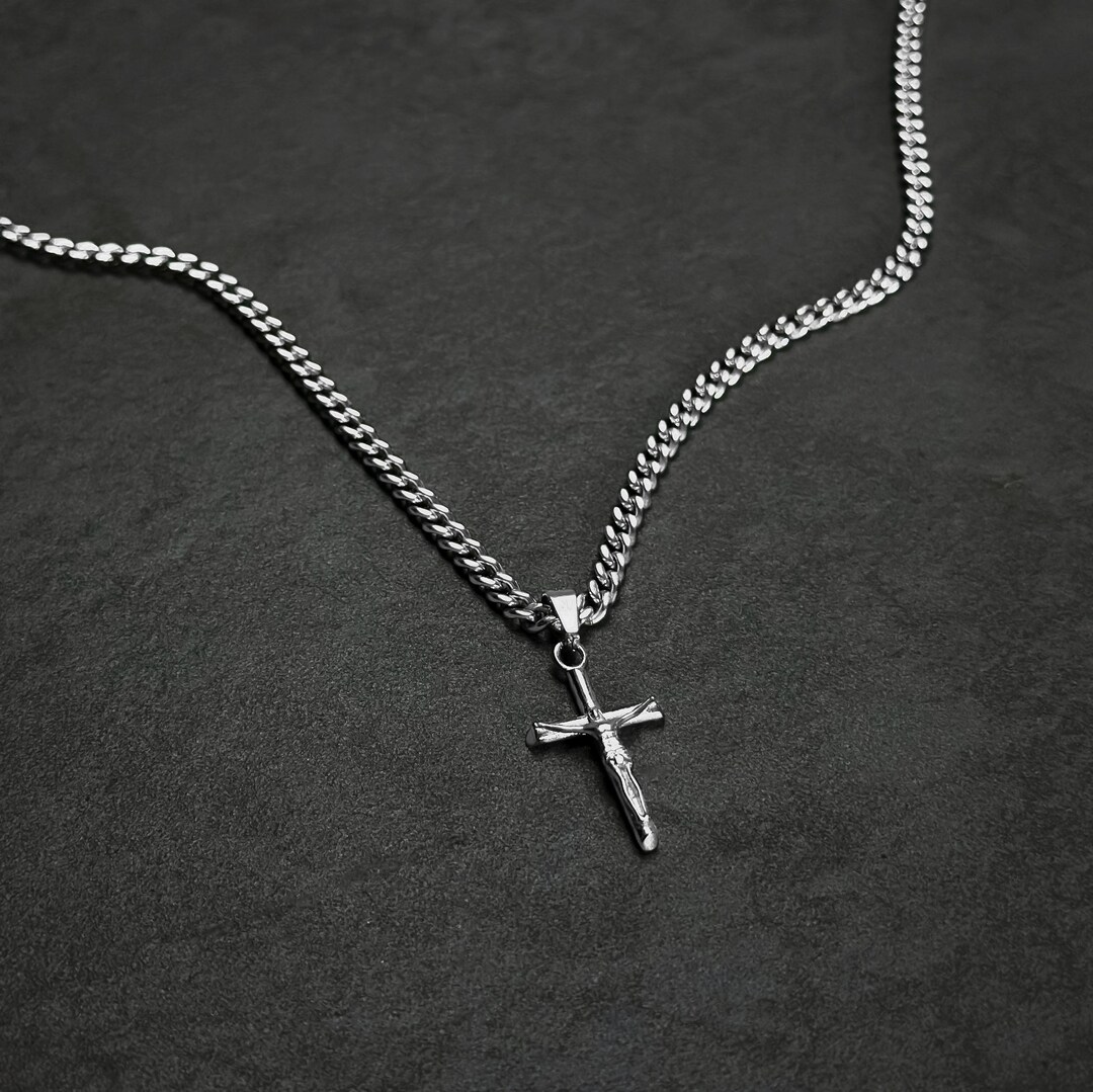 Jesus Cross Chain Silver 4 Mm Cuban Link Necklace Crucifix Pendant ...