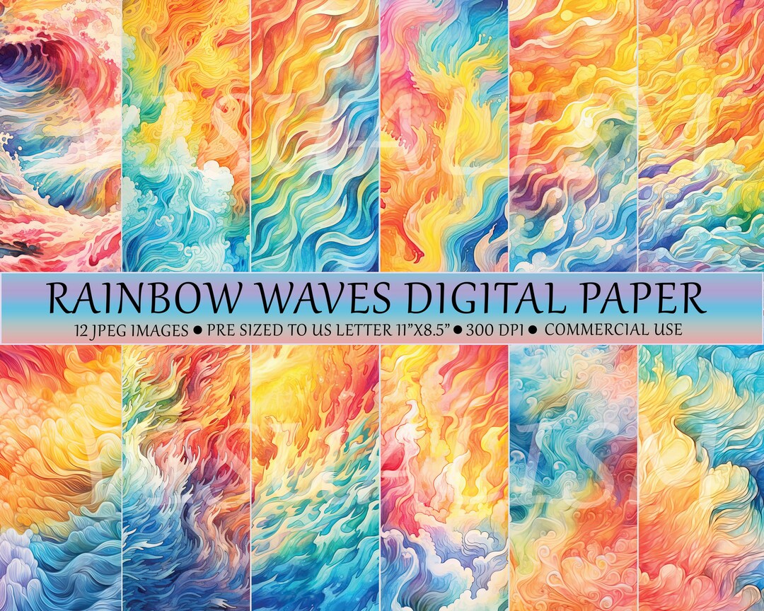 Watercolor Rainbow Ocean Wave Digital Paper Pack, Printable ...