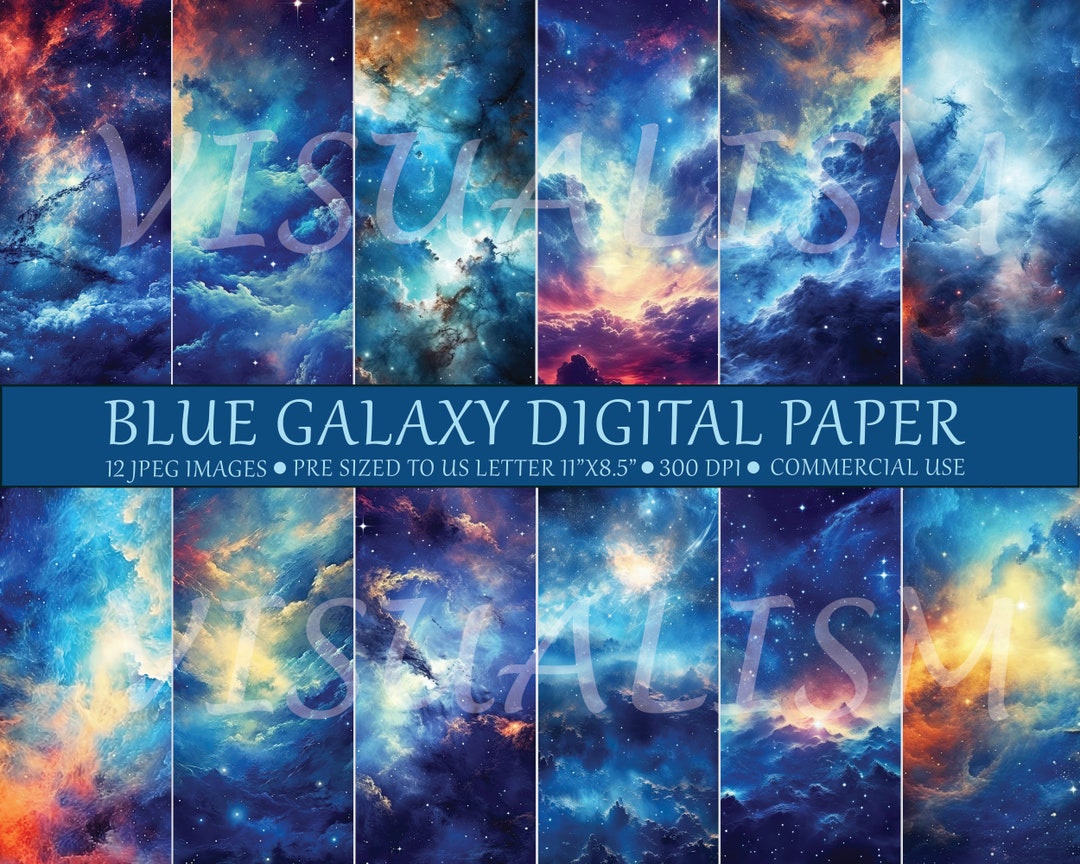 Printable Blue Galaxy Digital Paper, Blue Night Sky Background, Cosmic ...