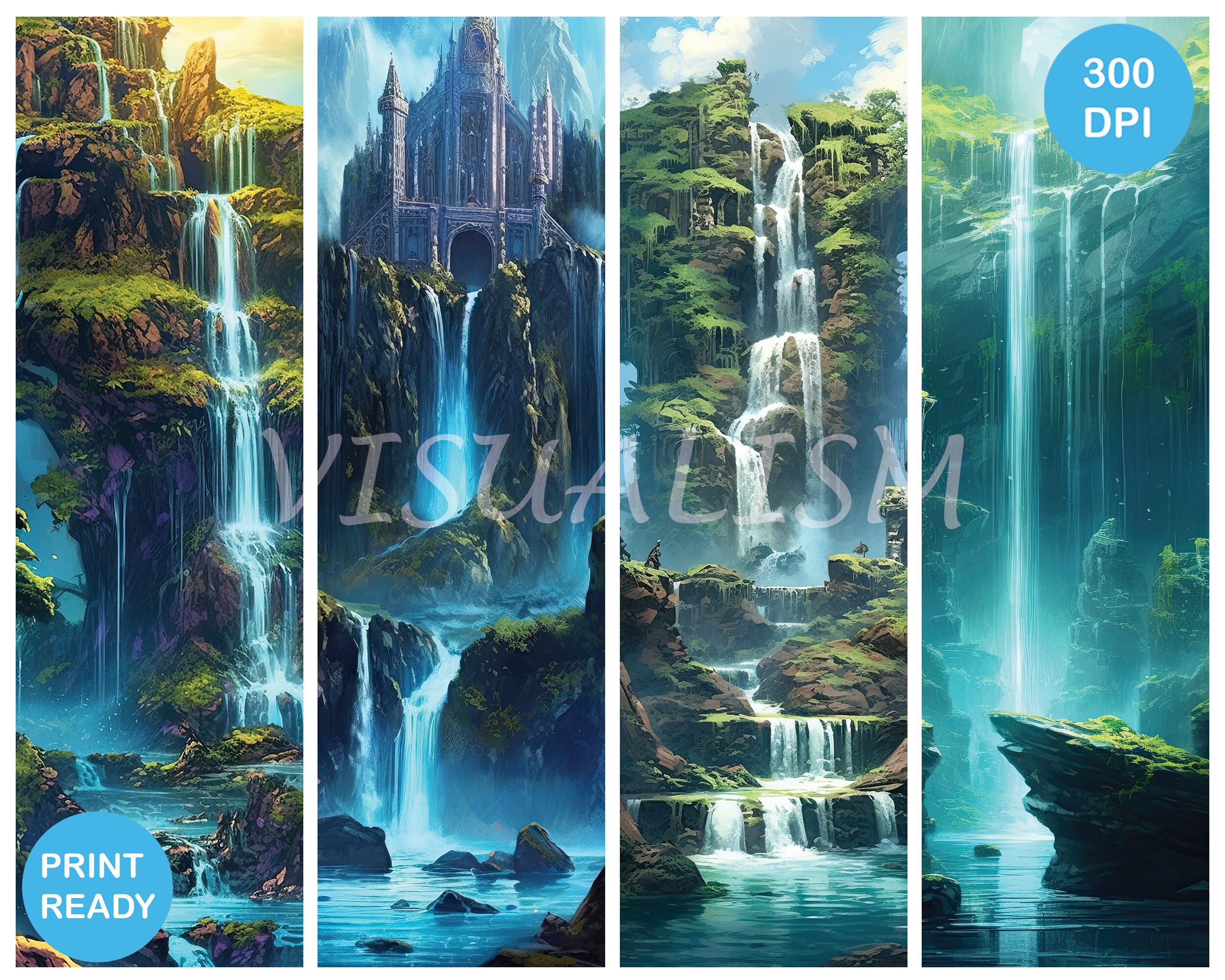 Printable Enchanted Waterfall Digital Paper, Magic Waterfall Background ...