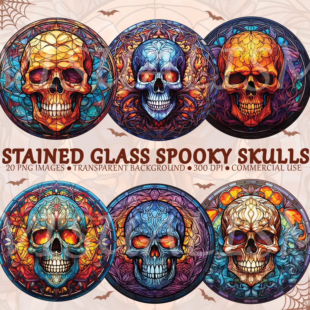 20 Stained Glass Skull, Halloween Junkjournaling Ephemera, Halloween ...