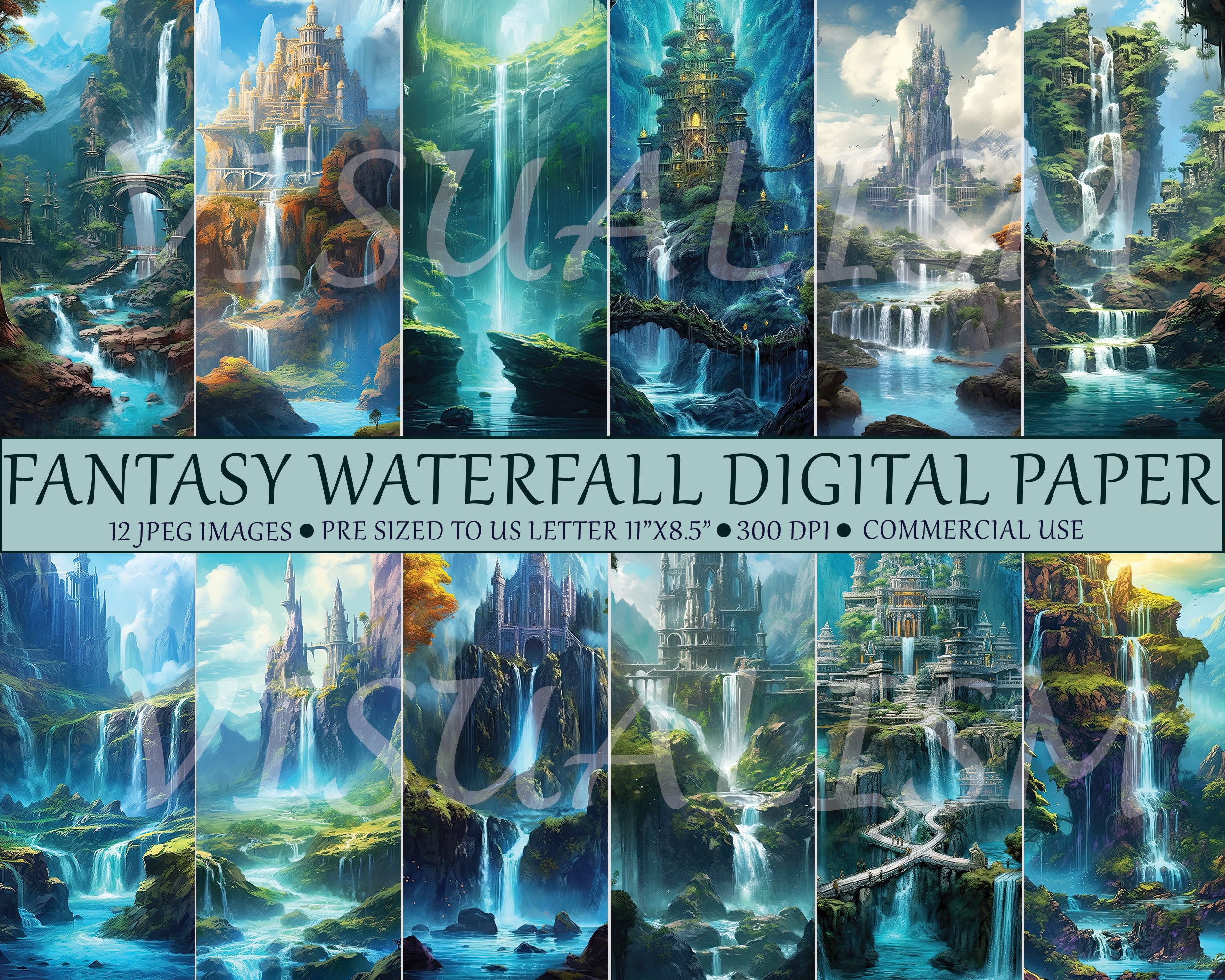 Printable Enchanted Waterfall Digital Paper, Magic Waterfall Background ...