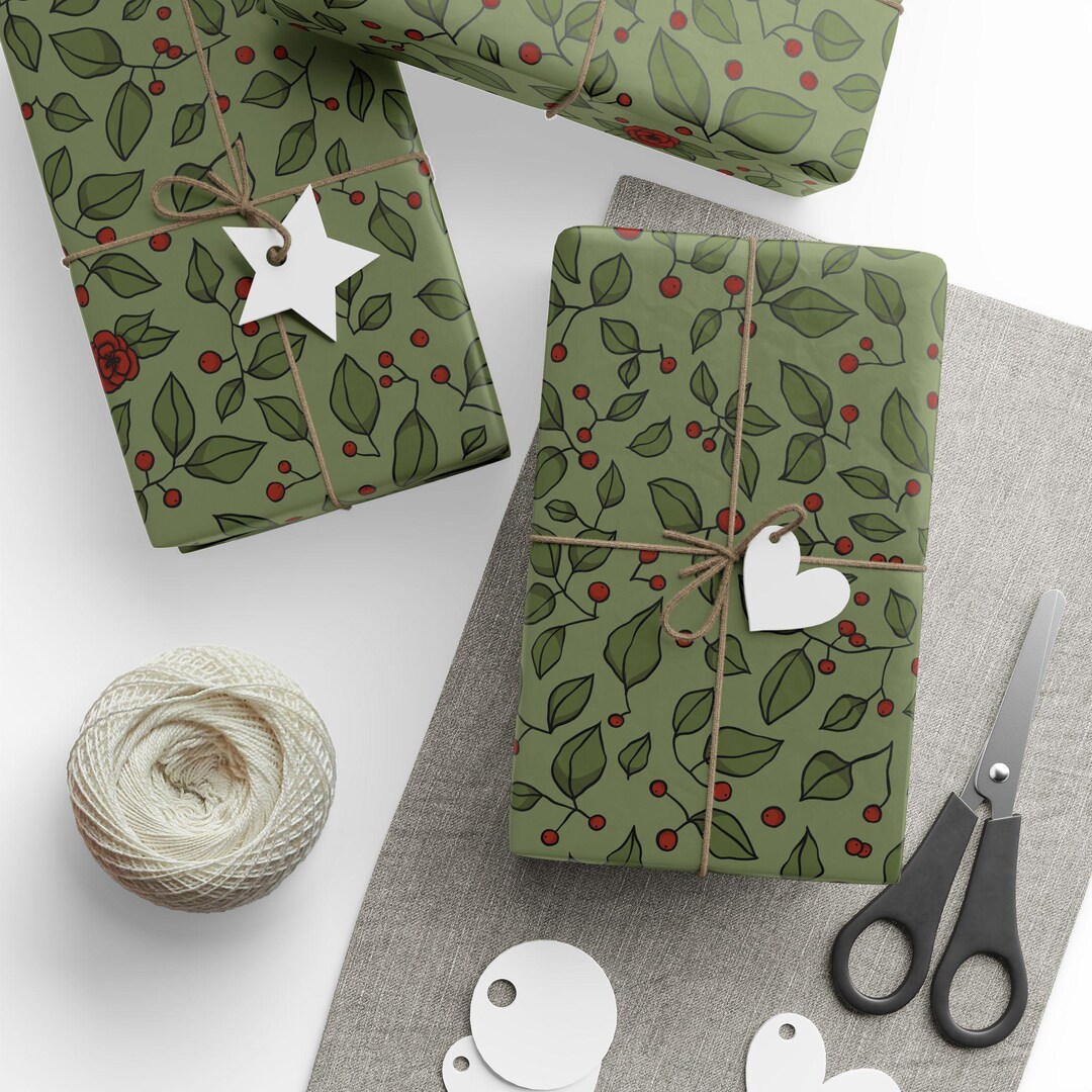 Green Leaves, Red Berries Wrapping Paper Gift Wrap Roll - Etsy