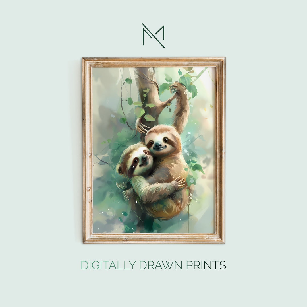 Cute Sloths Art Print, Sloth Printable Wall Art, Jungle Animal Nursery ...