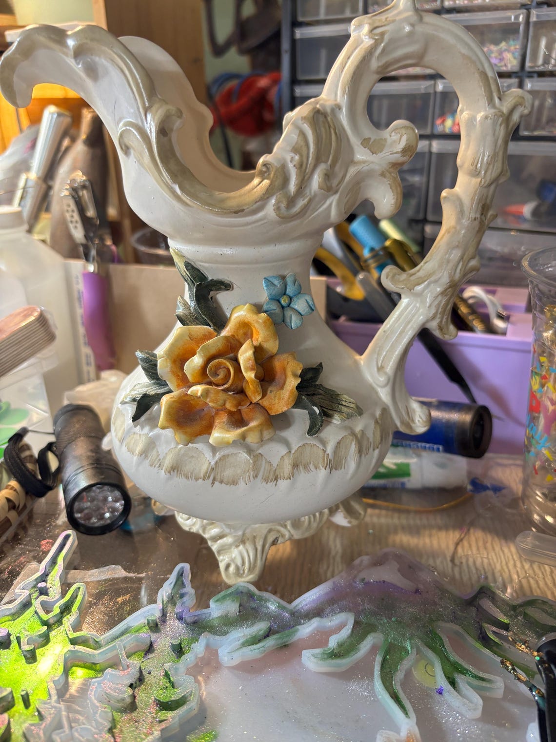 Vintage Capodimonte Pitcher, Porcelain, Etched, Late 1800s, Good ...