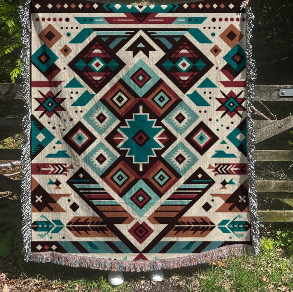 Native American Woven Blanket - Blue and Tan Native Design Home Decor ...