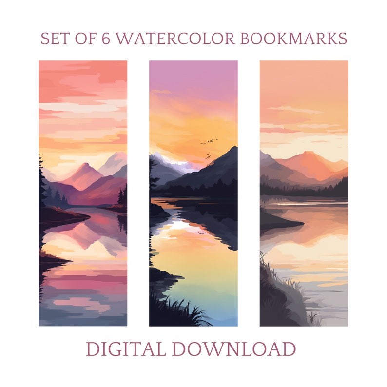 Set of 6 Watercolor Bookmarks, Landscape Bookmarks, Digital Bookmarks ...